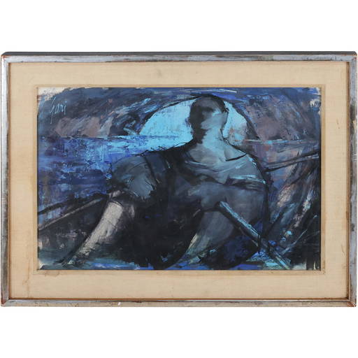 Roberto Gari, Gouache, Man Rowing Boat In Tunnel