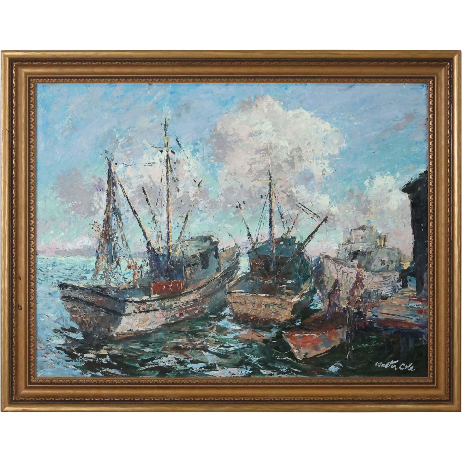 Walter Cole, Fine Oil Painting Fishing Boats At Docks
