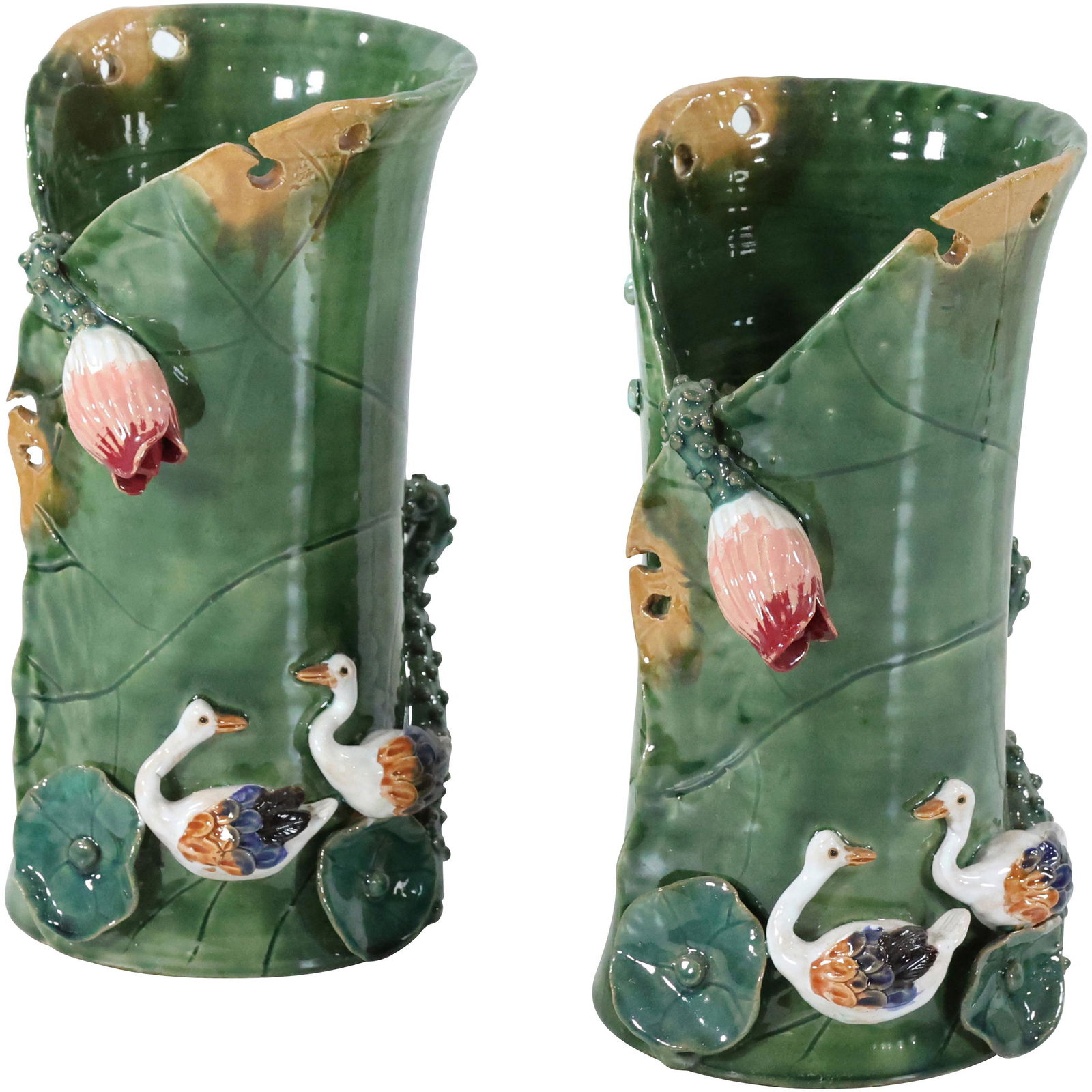 2 Green Majolica Vases Applied Ducks, Budding Flower - Nov 09, 2021 ...