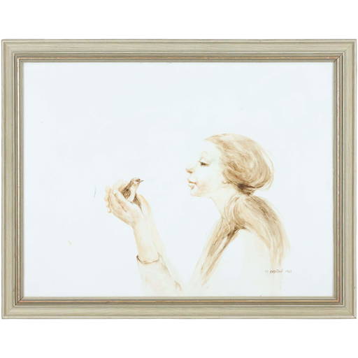 Gadoon 1982, Oil Painting Woman Holding A Bird