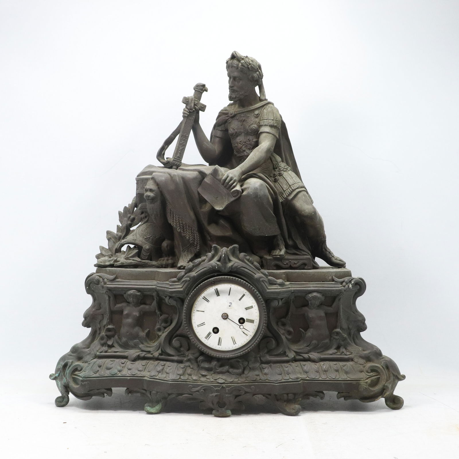Antique Cast Metal Mantle Clock Roman Soldier Figure