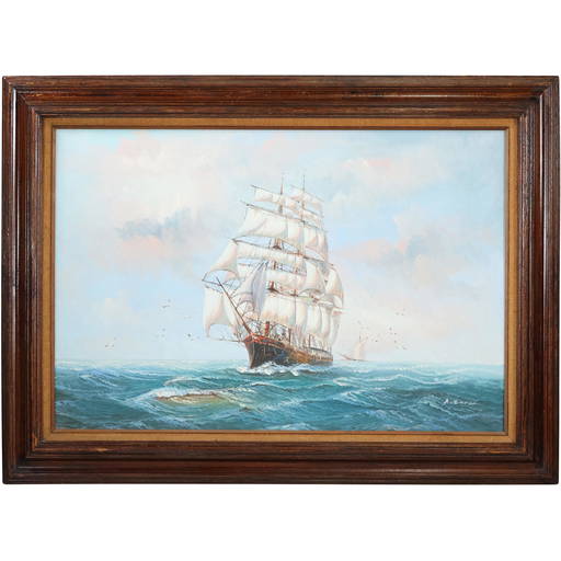 Ambrose, 20th C. Oil/c Painting Full Sail Clipper Ship On Seas, Signed ...
