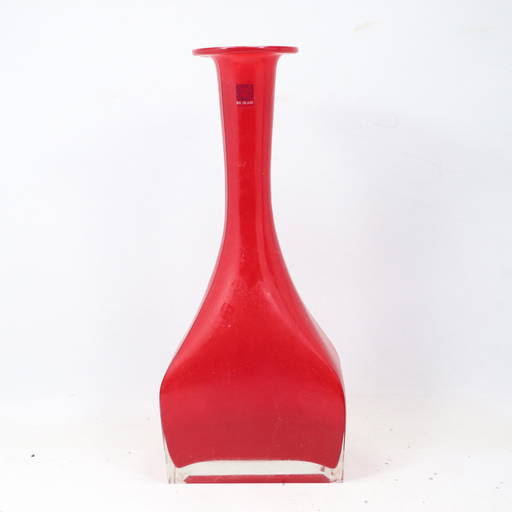 "bx Glass" Tall Red Glass Vase With Label, 15.25 Inches Height