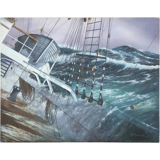 Alexander, 20th C. Oil Painting "Decks Awash" - Boat in Storm - Signed ...