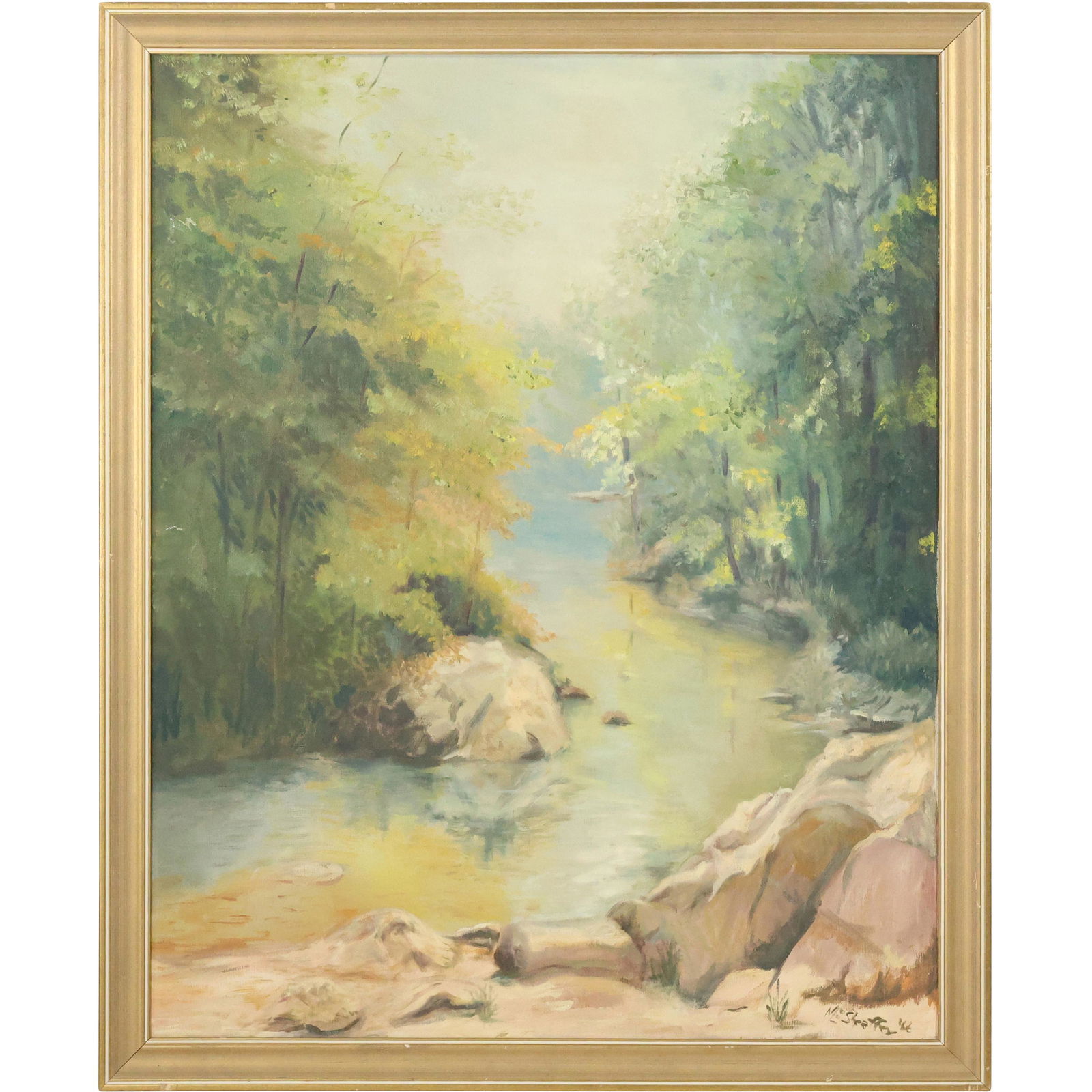 M SHEAFFER 1966, Summer Forest Landscape with Mountain Stream Oil ...