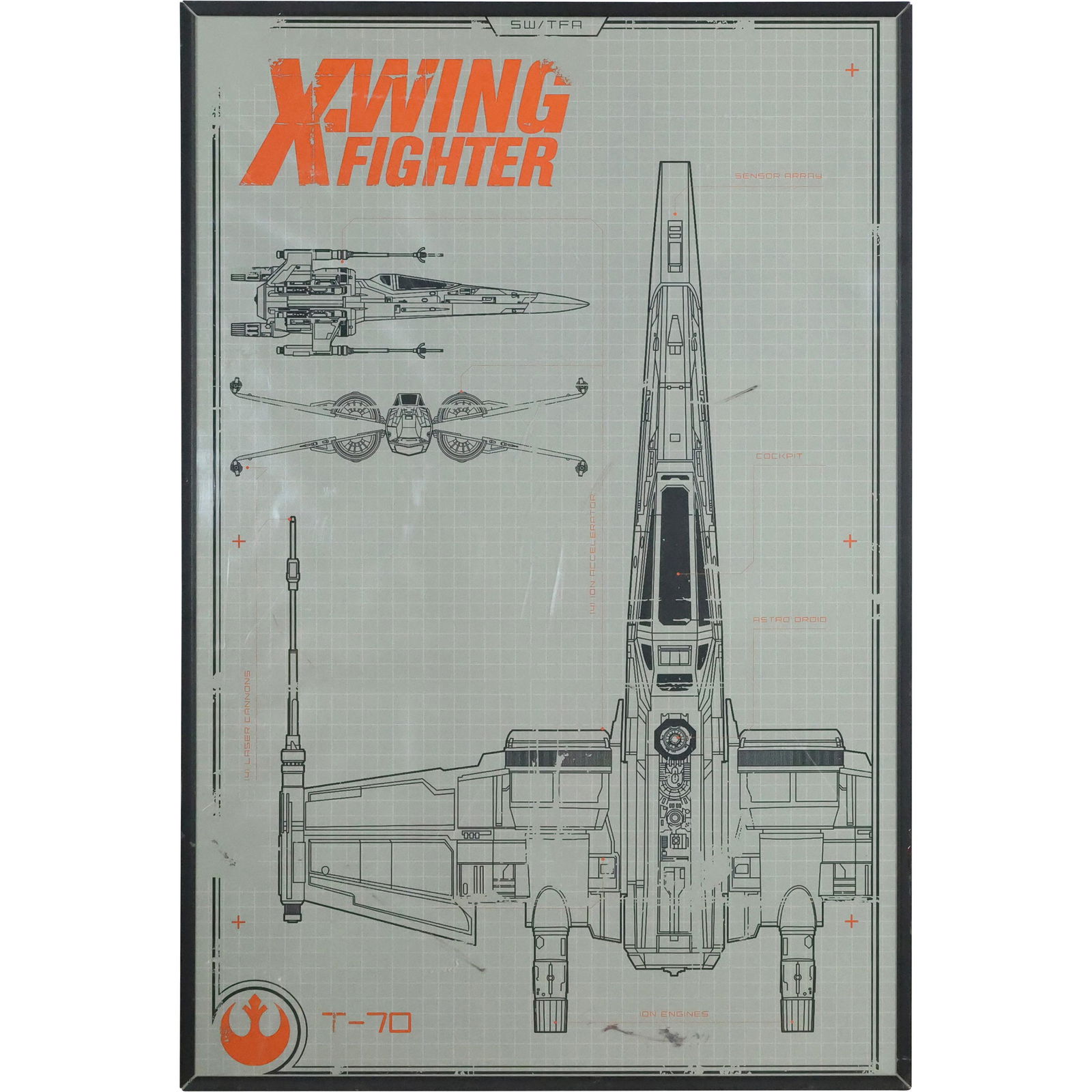 Vintage Star Wars Poster: X Wing Fighter Blueprint / Schematics, Framed