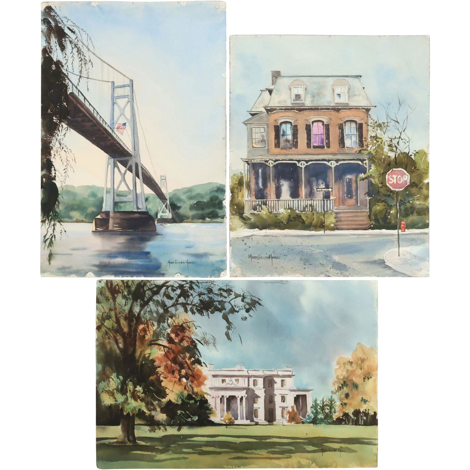 MARY ELLEN HANKS [3] Watercolor Paintings POUGHKEEPSIE NY BRIDGE ...