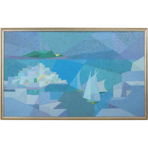 Signed W H 1965, Mid-Century Modern Cubism Boats in Coastal Bay Oil ...