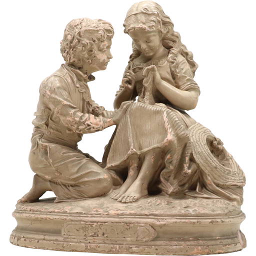 19th C. West's Statuary Grouping Boy And Girl, Hard Plaster Composition