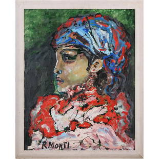 Rocco Monticolo, R Monti, Oil Painting Standing Nude Abstract In Landscape