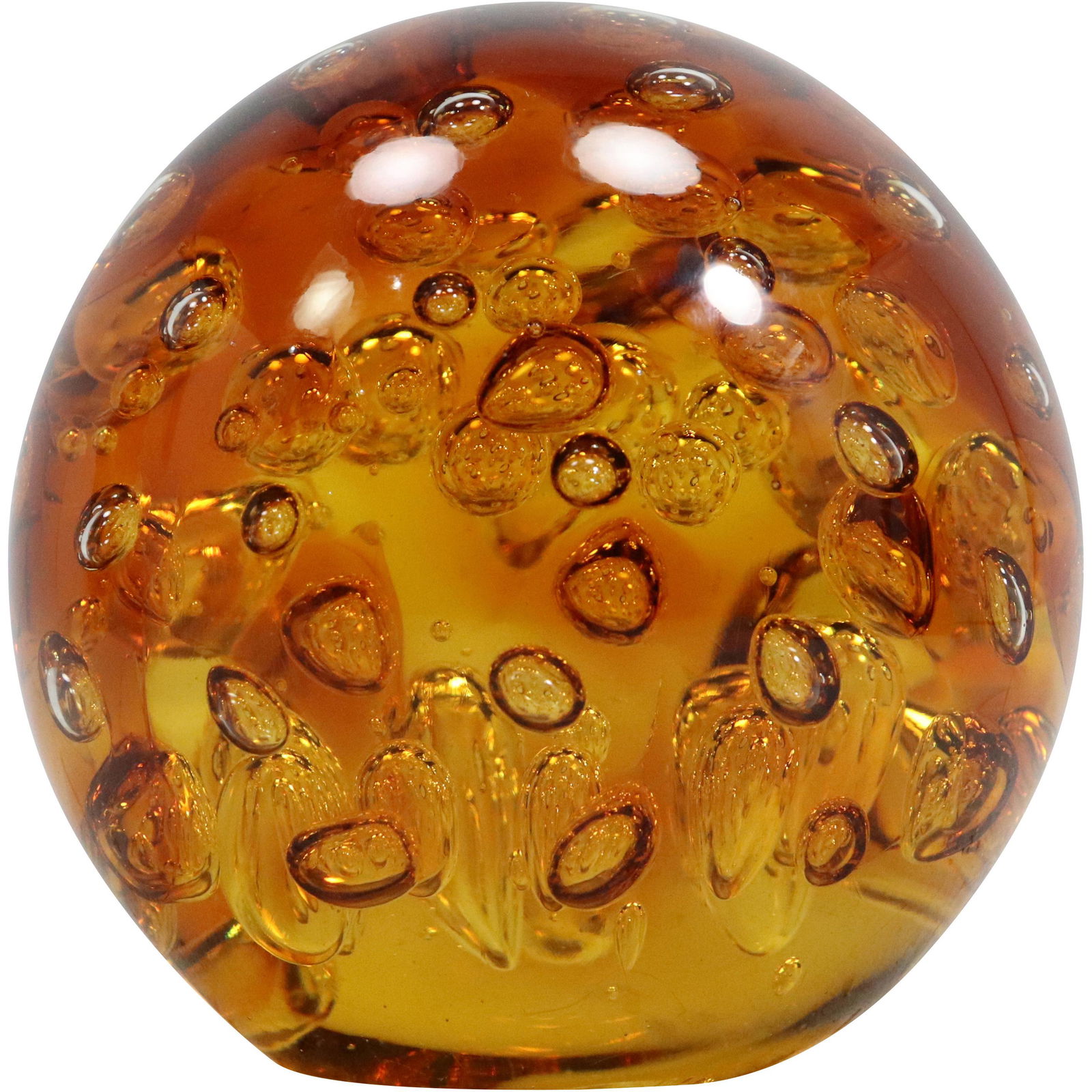 Large Amber Glass Ball Paperweight With Internal Bubbles