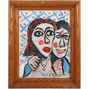 Rocco Monticolo, R Monti, Oil Painting Standing Nude Abstract In Landscape