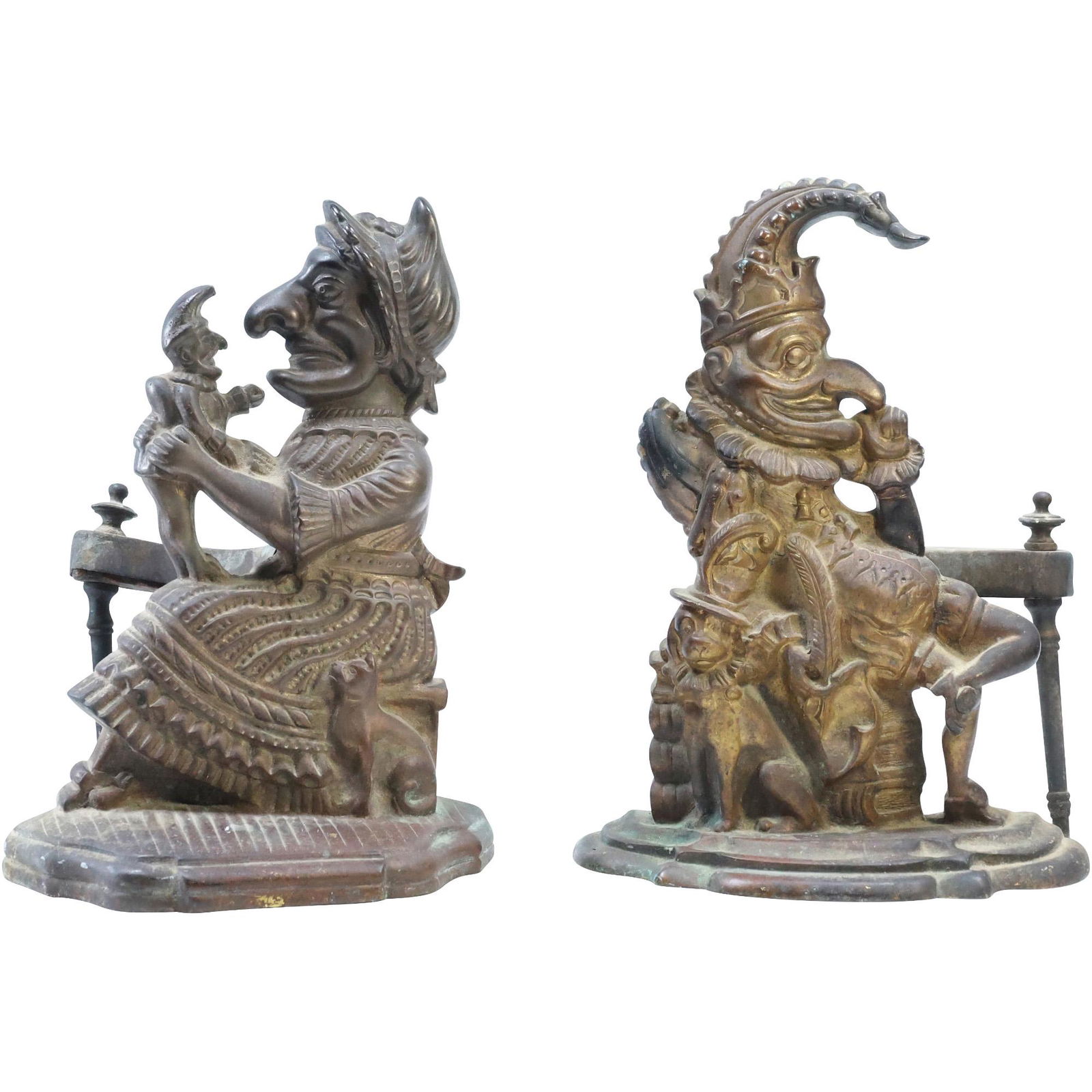 Antique 19th C. Punch And Judy Andirons, Cast Iron, Marked England