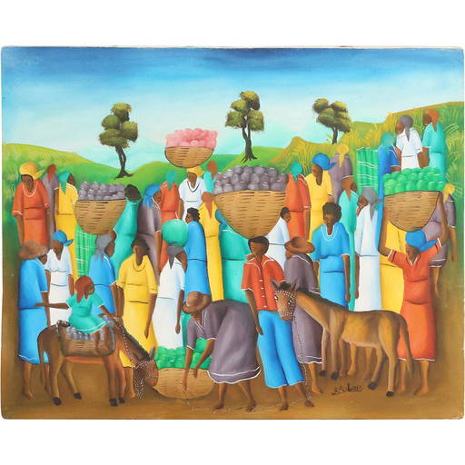Signed J Boland, Oil on Canvas Painting, Gathering of Haitian Villagers ...