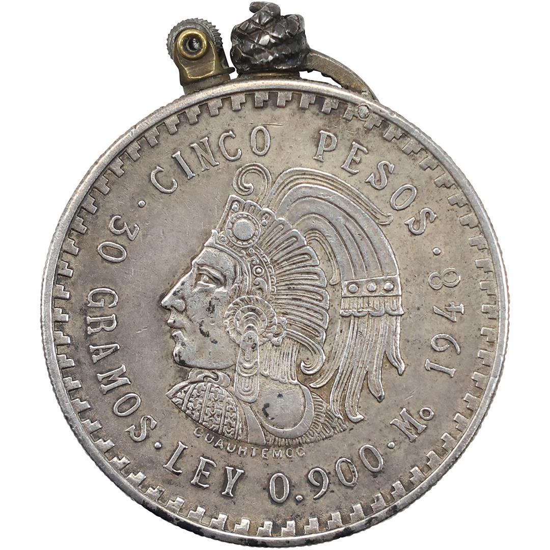 1948 MEXICO Aztec Chieftain CUAUHTEMOC Silver Cinco Pesos Coin ...
