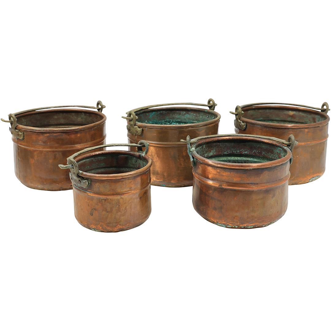 [5] Small Copper Pail Pots In Graduated Sizes Each With Handles