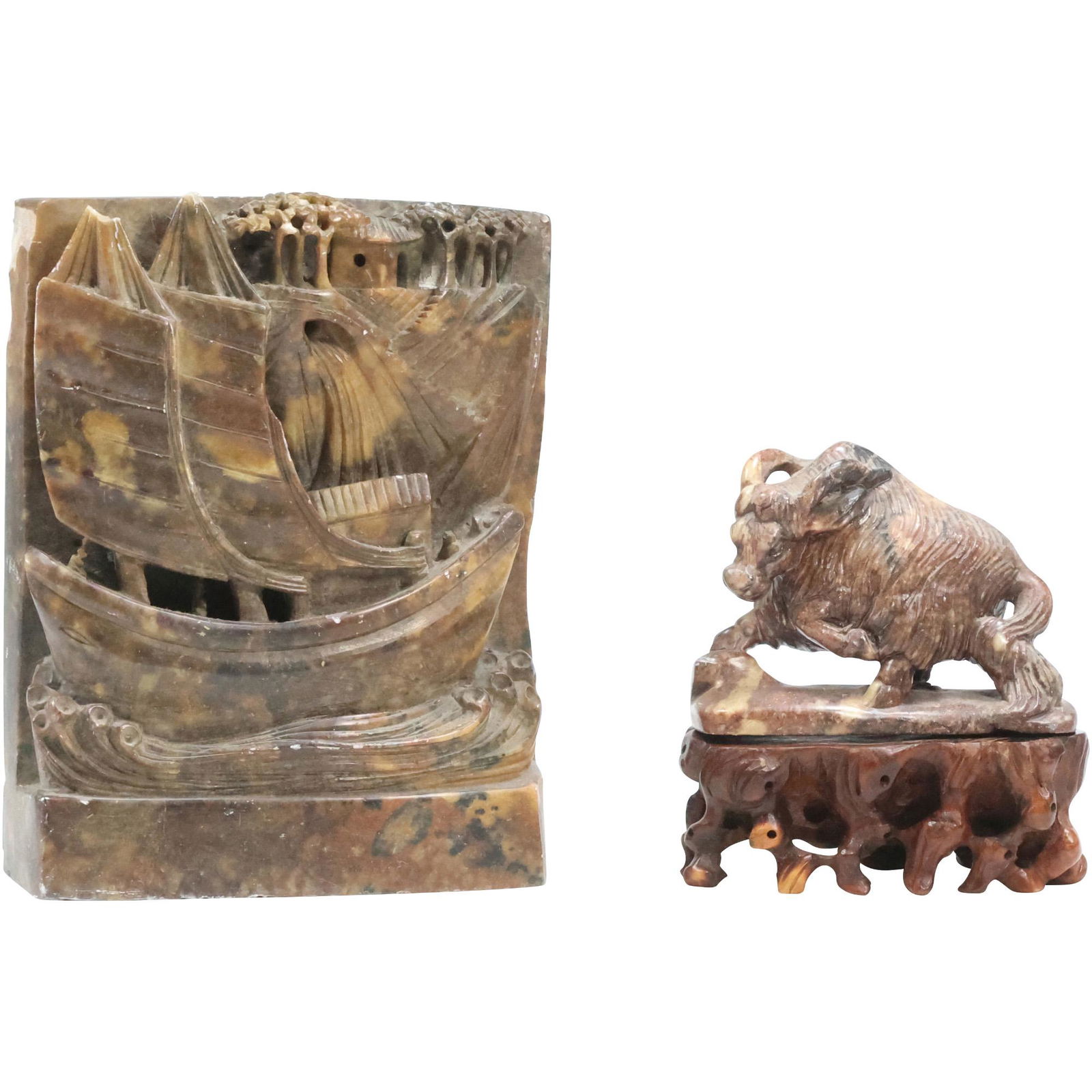 [2] Carved Soapstone: Sail Boat Sculpture And Bison Animal Figure