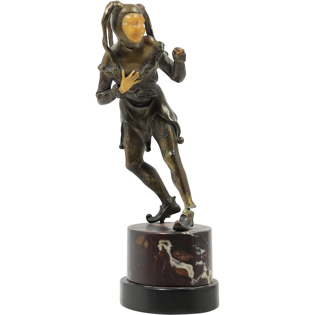 Art Deco Jester Figure Statue Mounted On Marble Base, To Be Reattached