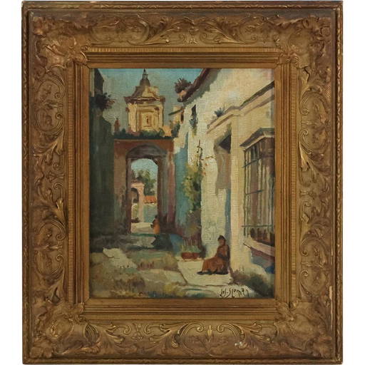 Joseph Sloman, American, Oil Painting, Courtyard With Arched Entrance ...