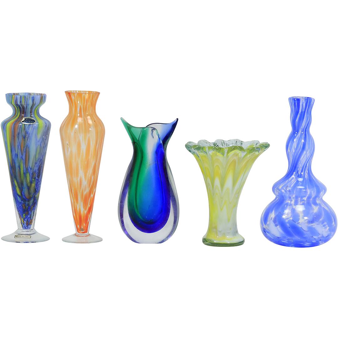 [5] Assorted Art Glass Colored Vases Including Murano Auction