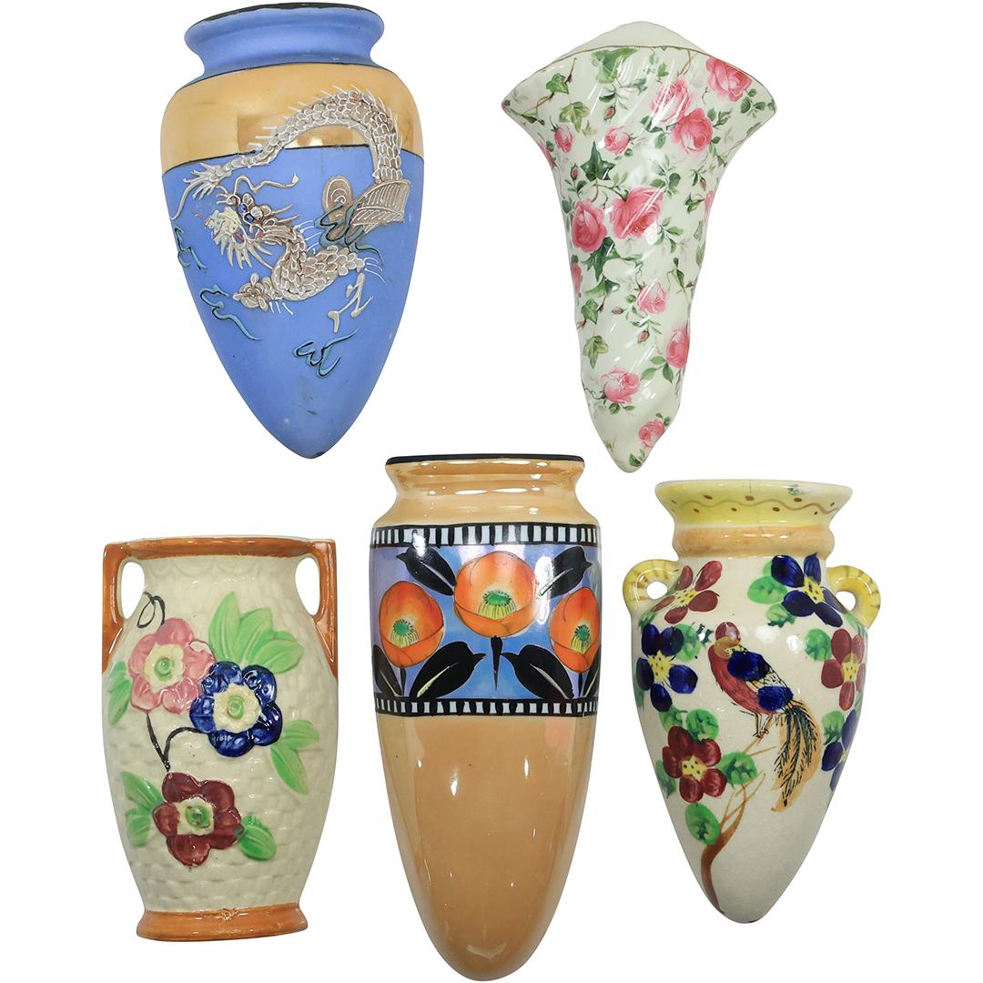 [5] Vintage Assorted Ceramic And Porcelain Wall Pockets 6.5 Inches To 8 ...