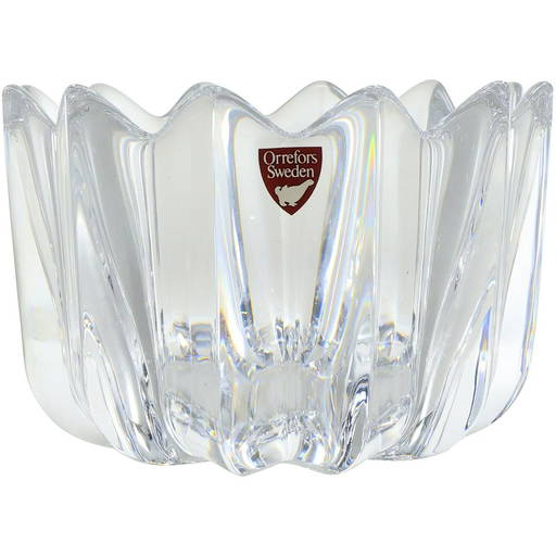 Orrefors Sweden Crystal Bowl Vase Crown Edge Signed, Original Label