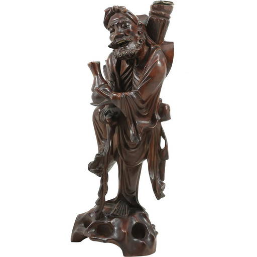 Antique Chinese Carved Teak Wood Merchant Figure Statue Sculpture 18.5 ...