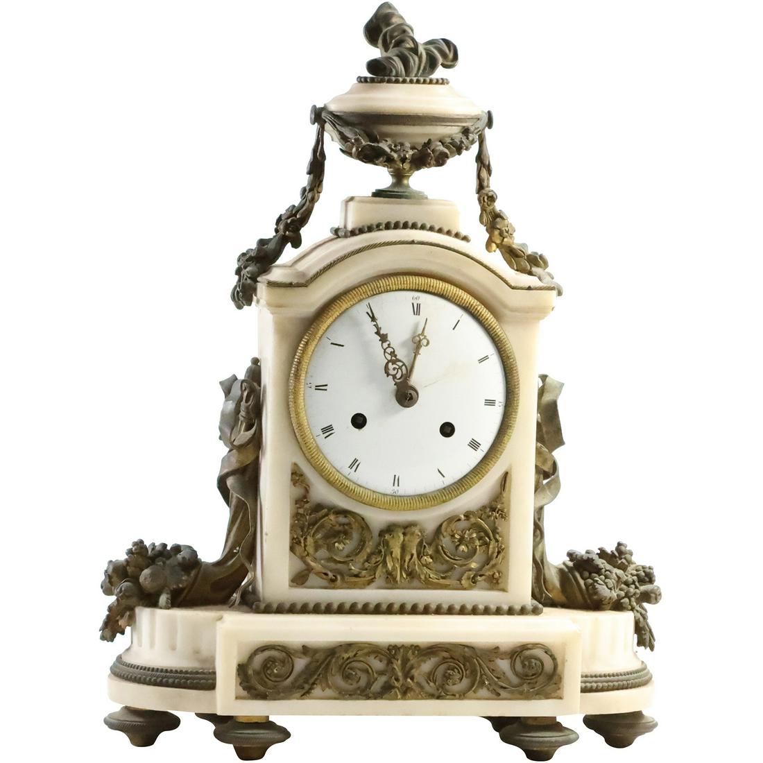 19th C. French Louis Xvi Marble And Bronze Mantle Clock, Original ...