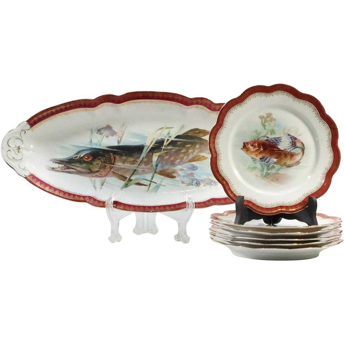 7 Pc. Limoges Bassett Austria Porcelain Fish Set Platter & 6 Plates Auction