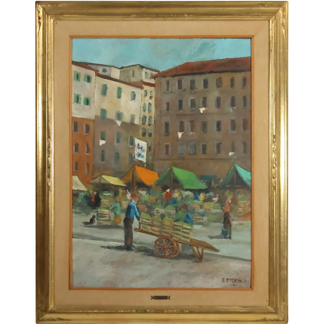 A Codevico, Oil On Canvas Painting, Outdoor Street Marketplace Outside Town Auction