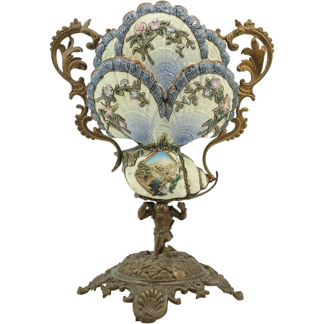 Fabulous Bronze And Majolica Nautilus Vase Conch Shell With Majolica ...