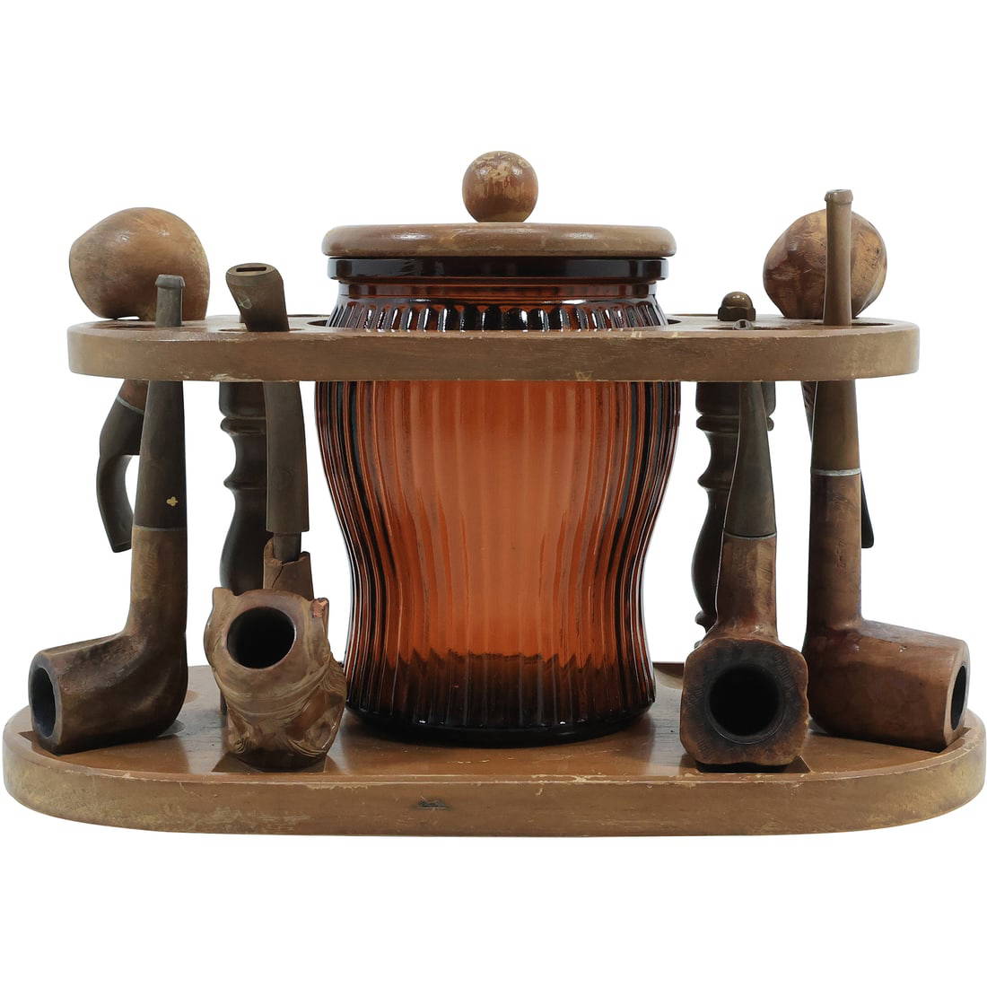 Vintage Wooden Smoking Pipe Rack With Pipes And Center Glass Tobacco ...