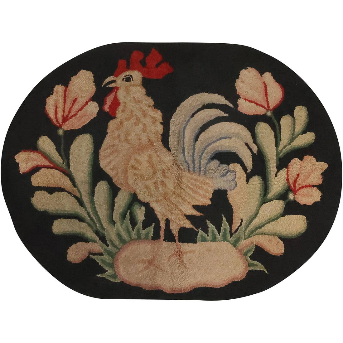 Vintage Oval Country Hooked Rug With Rooster 28.25 Inches X 37 Inches ...