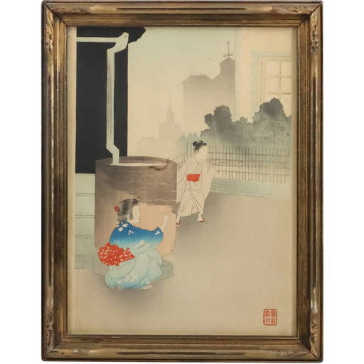 Vintage Framed Japanese Woodblock With Two Women Figures