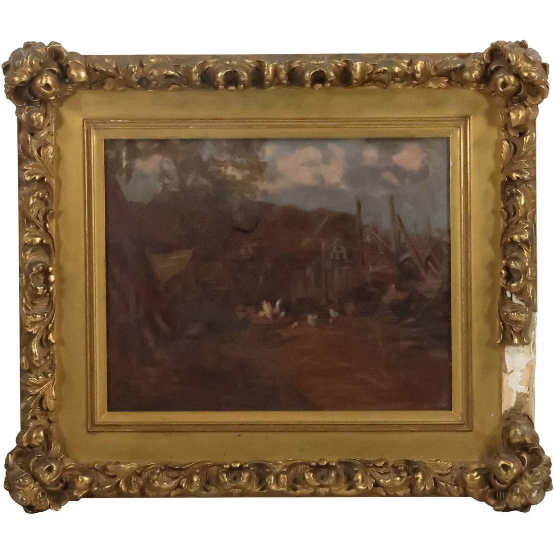 19th C. Oil Painting Barnyard Chickens Outside A Barn In Ruins, Artist ...