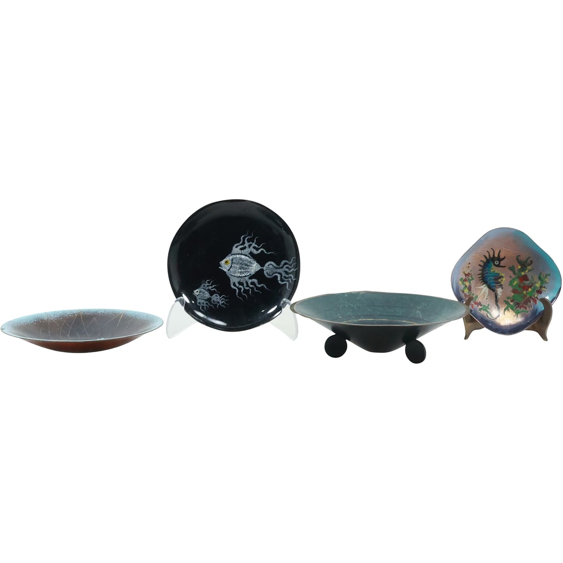 [4] Assorted Enamel Art On Copper Bowls, 3 Are Signed Jute Hecker ...