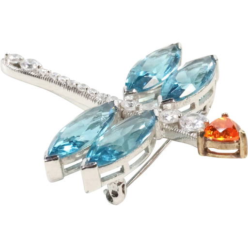 .925 Sterling Silver Dragonfly Pin With Colored Stones 2 1/2 In. X 2 In.