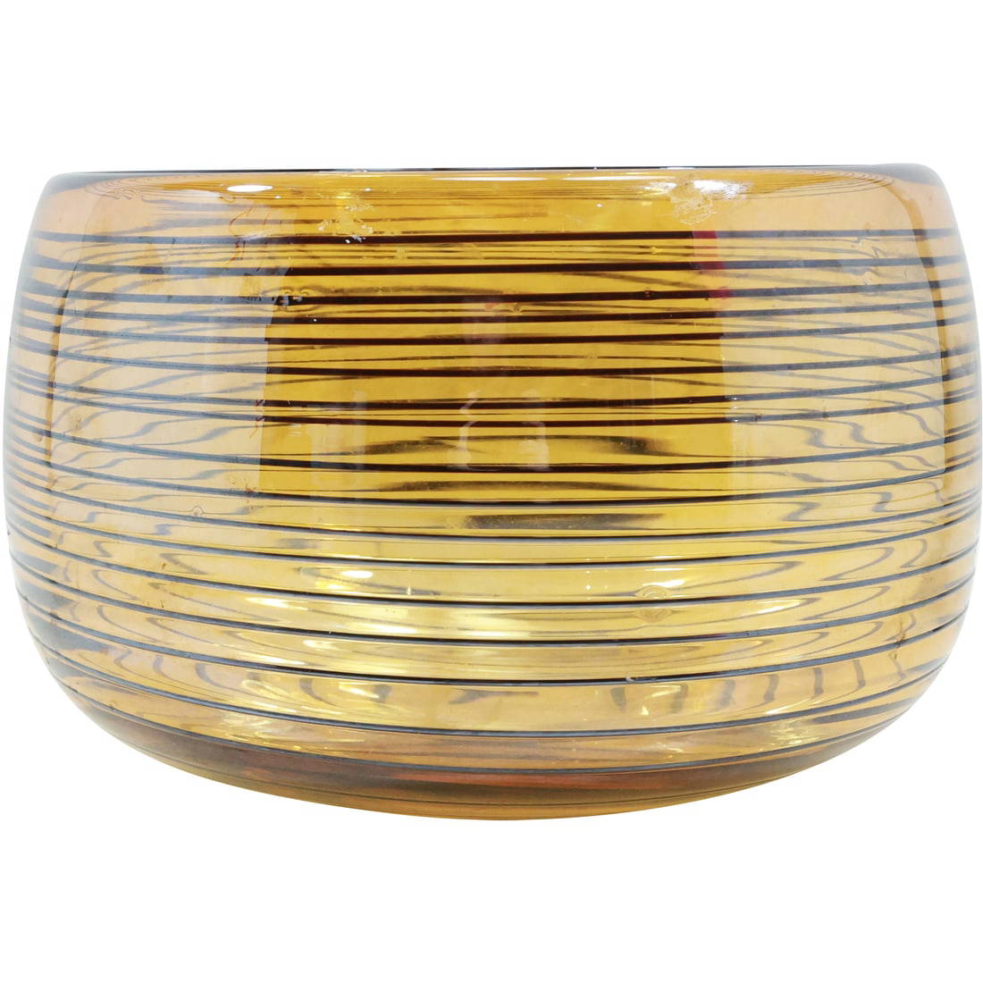 Amber Art Glass Bowl With Black Threaded Design, Ground Pontil, 8.25 ...