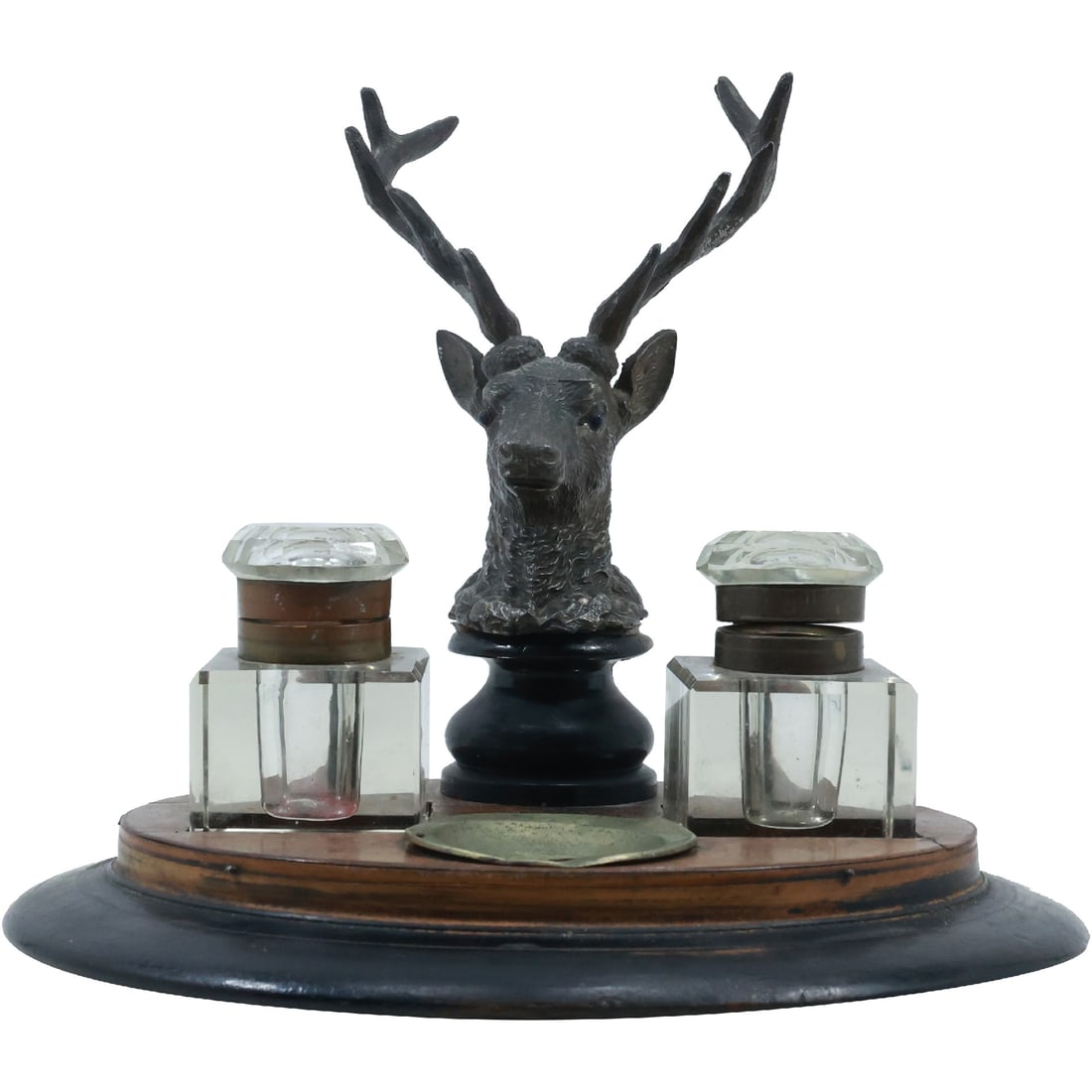 19th C. Desk Top Double Inkwell With Silver Plate Elk Head Mounted On A ...