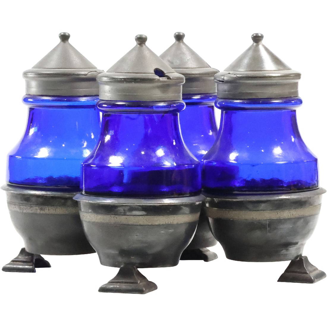 4 Cobalt Blue Condiment Bottles In A Silver Plate Holder Auction