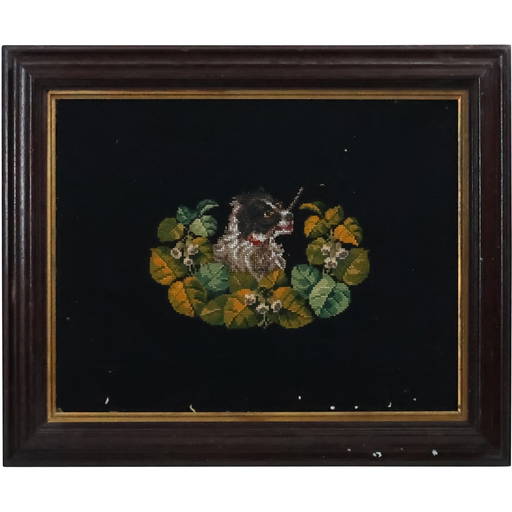 19th C. Peti Point Needlepoint Embroidery Dog In Wreath Of Flowers, Framed