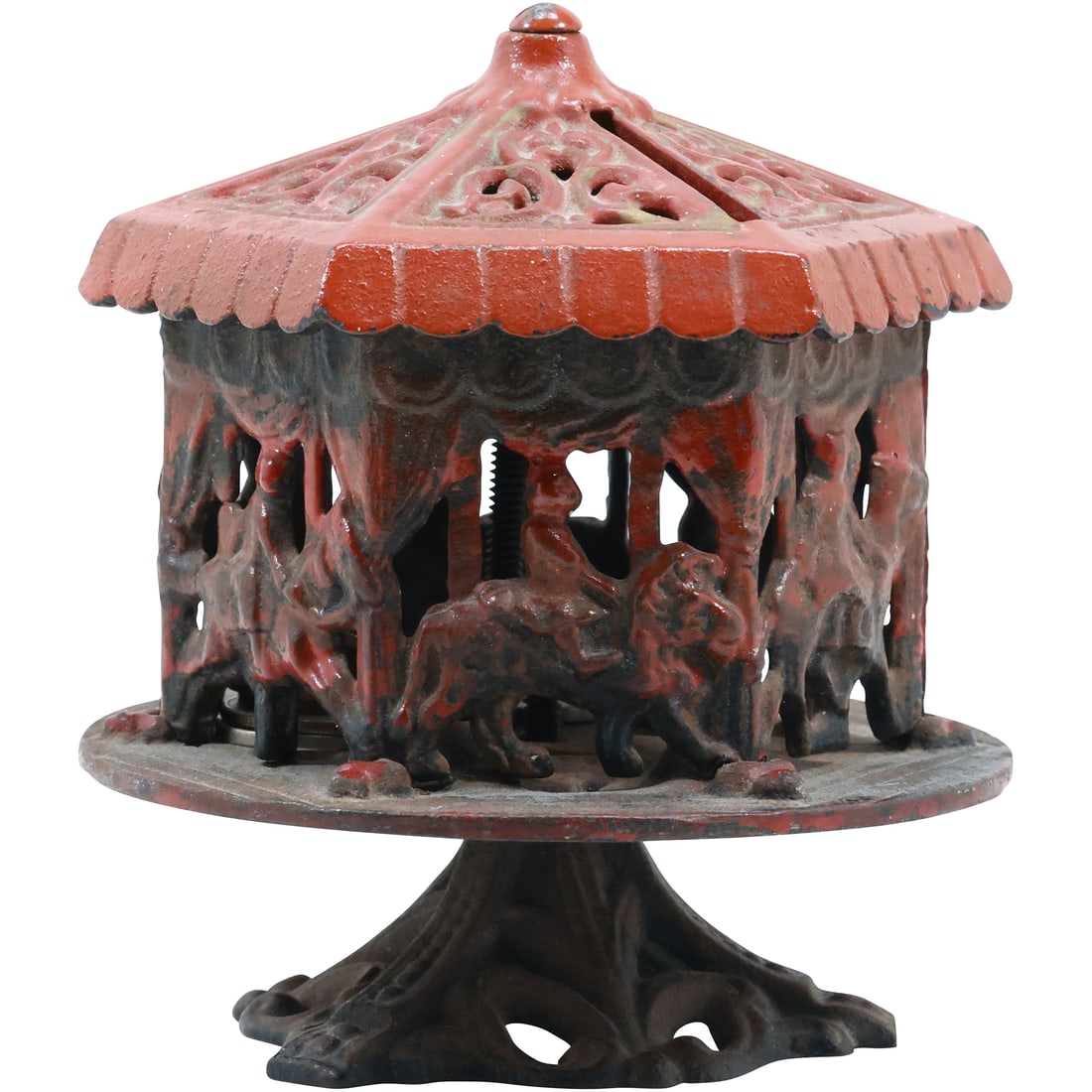 Antique Cast Iron Spinning Carousel Coin Bank In Original Red Paint Finish