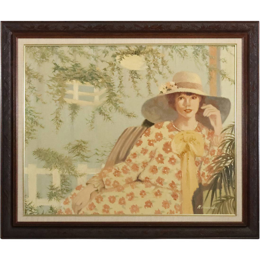 M Bernhardt, Oil On Canvas Painting Woman Seated In A Garden Setting, Signed & Famed Auction