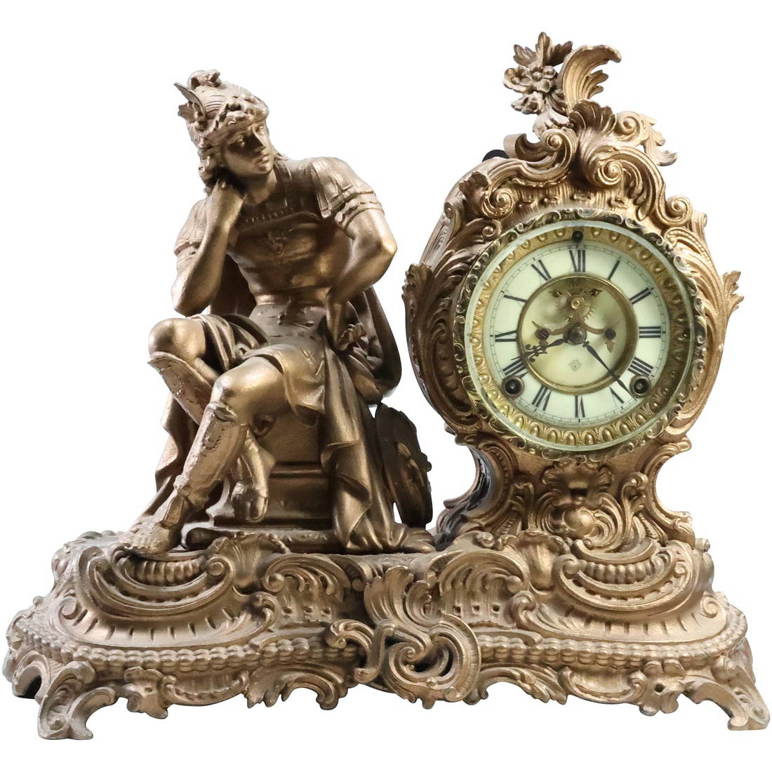 Antique Ansonia Cast Metal Roman Soldier Figurative Mantle Clock Open ...