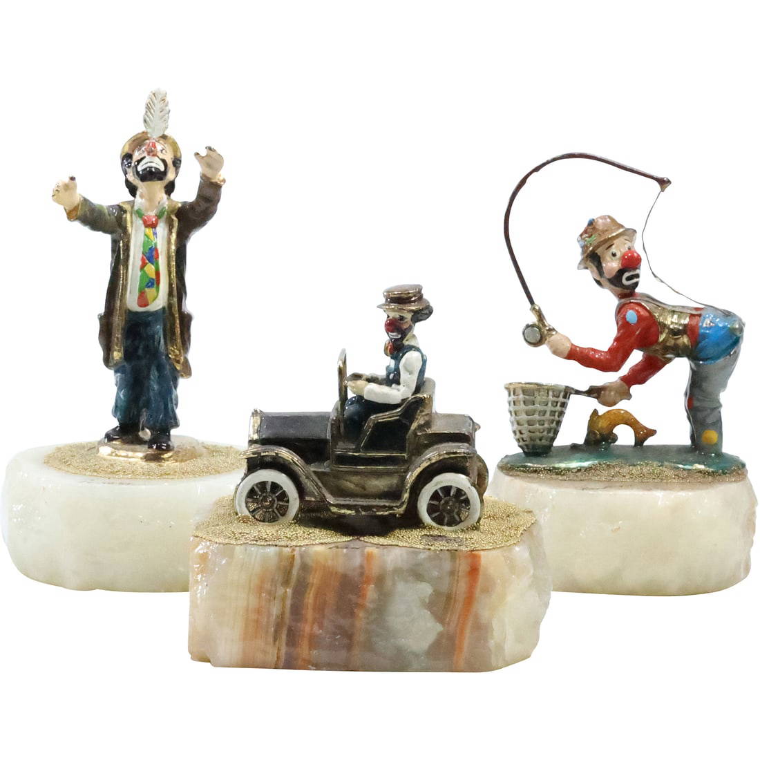 3 Assorted Ron Lee Sculptures Of Enameled Metal Clowns On Onyx Bases ...