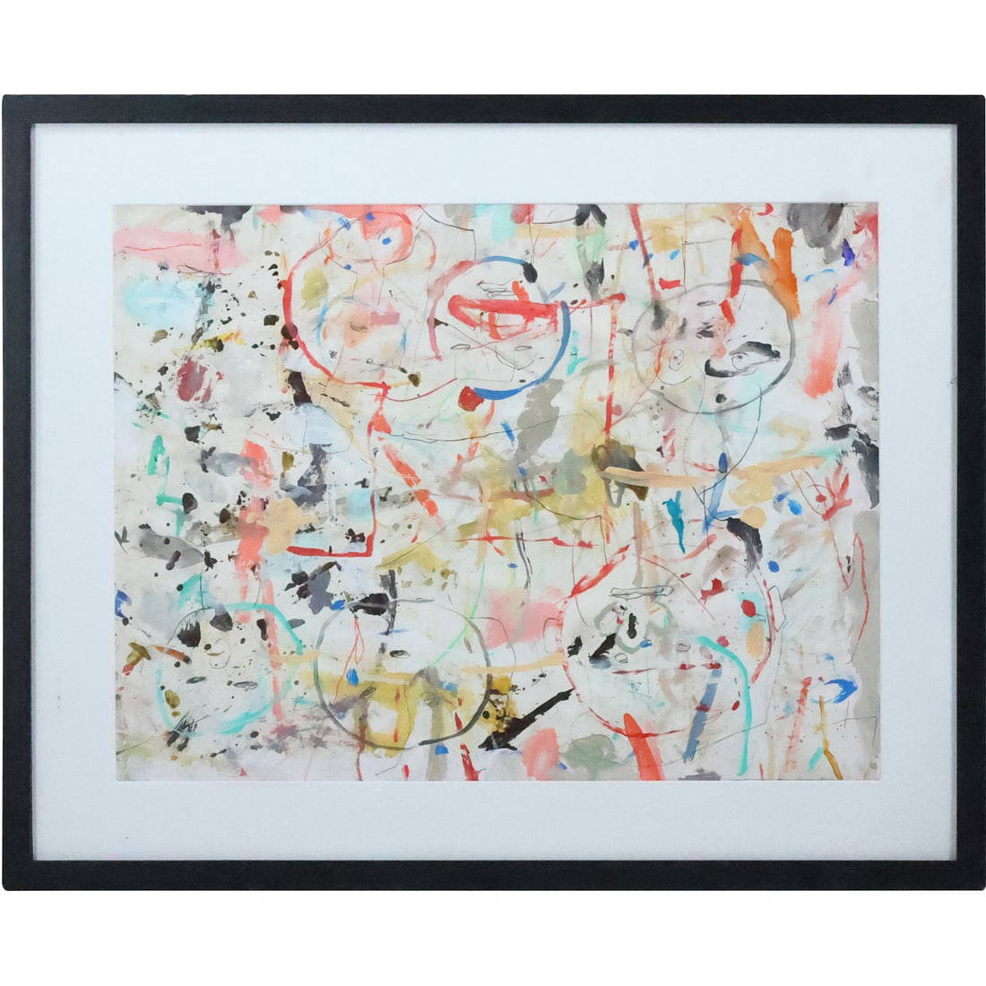 20th C. Busy Abstract Painting, Unsigned, Framed Auction