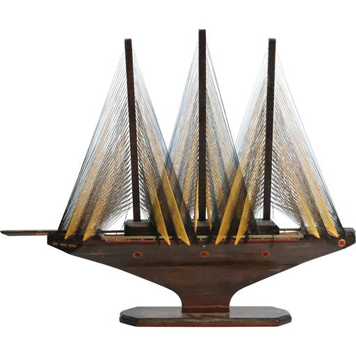 Mid Century Modern Wooden Hull Sailing Vessel With String Sails Circa ...