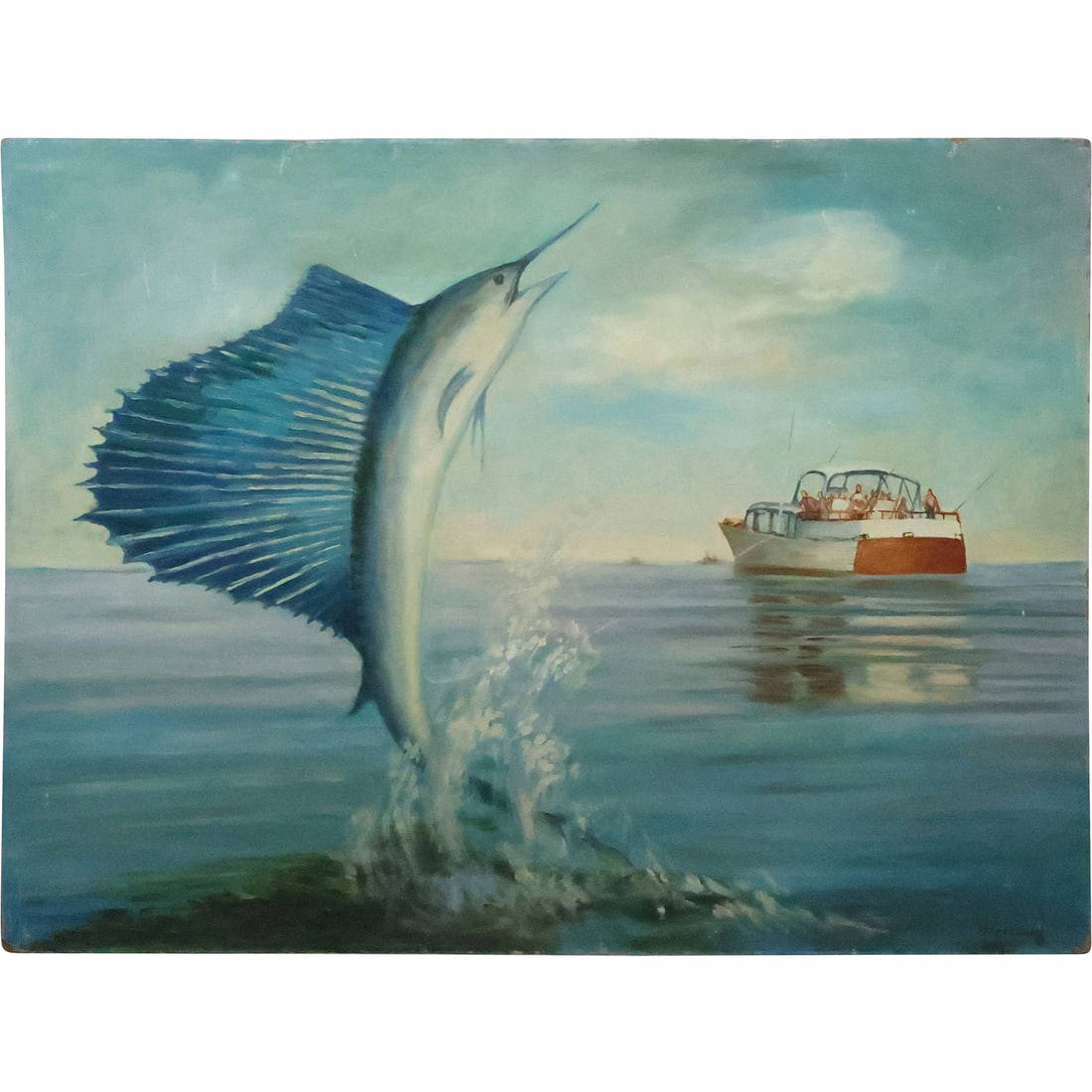 Signed H Gessner, 1950s Large Oil On Board Painting Sailfish Jumping ...