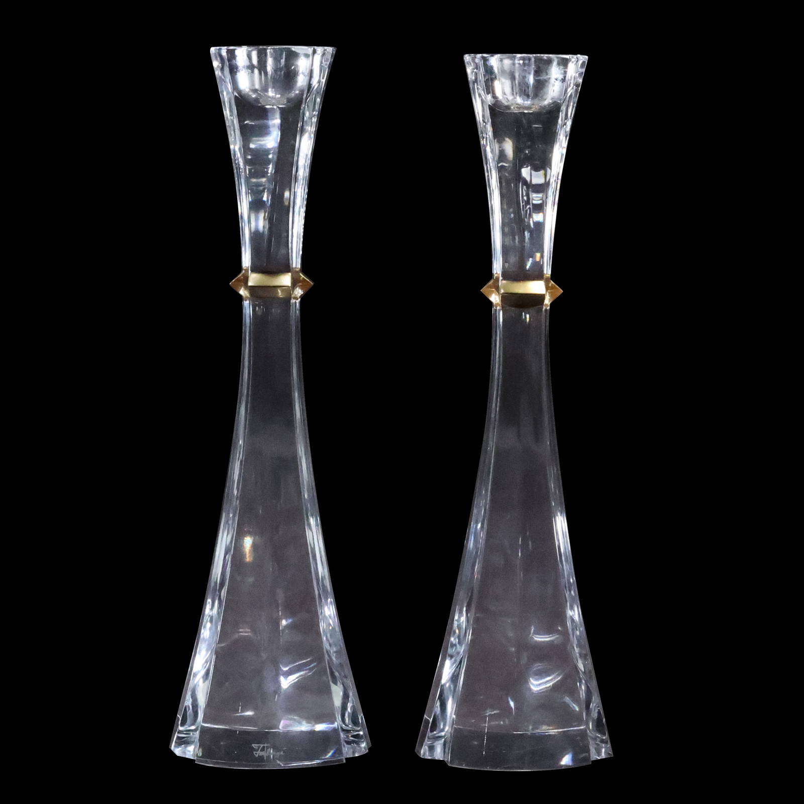 Pair Signed Faberge Tall Crystal Glass Candlesticks With Gold Collars ...