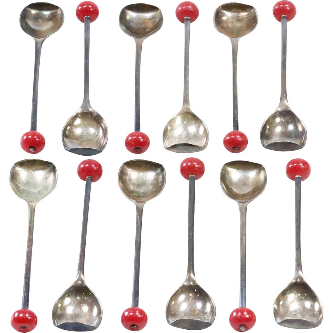 Set Of 12 English Miniature Spoons With Red Bead End, Hallmarked, , 4 ...
